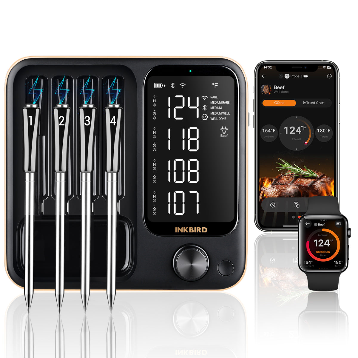 INKBIRD 4-Probe Wireless Smart Meat Thermometer INT-14-BW